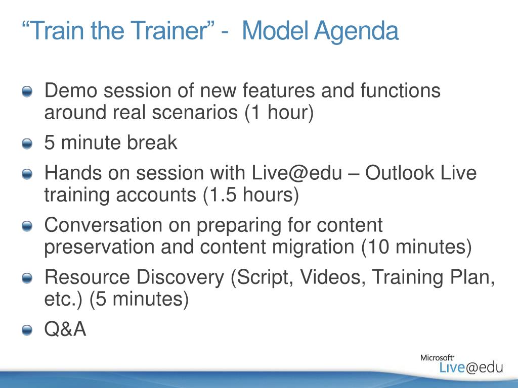 PPT - “Train the Trainer” - Model Agenda PowerPoint Presentation - ID ...