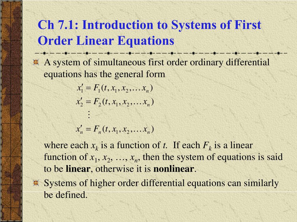 PPT - Ch 7.1: Introduction to Systems of First Order Linear Equations ...