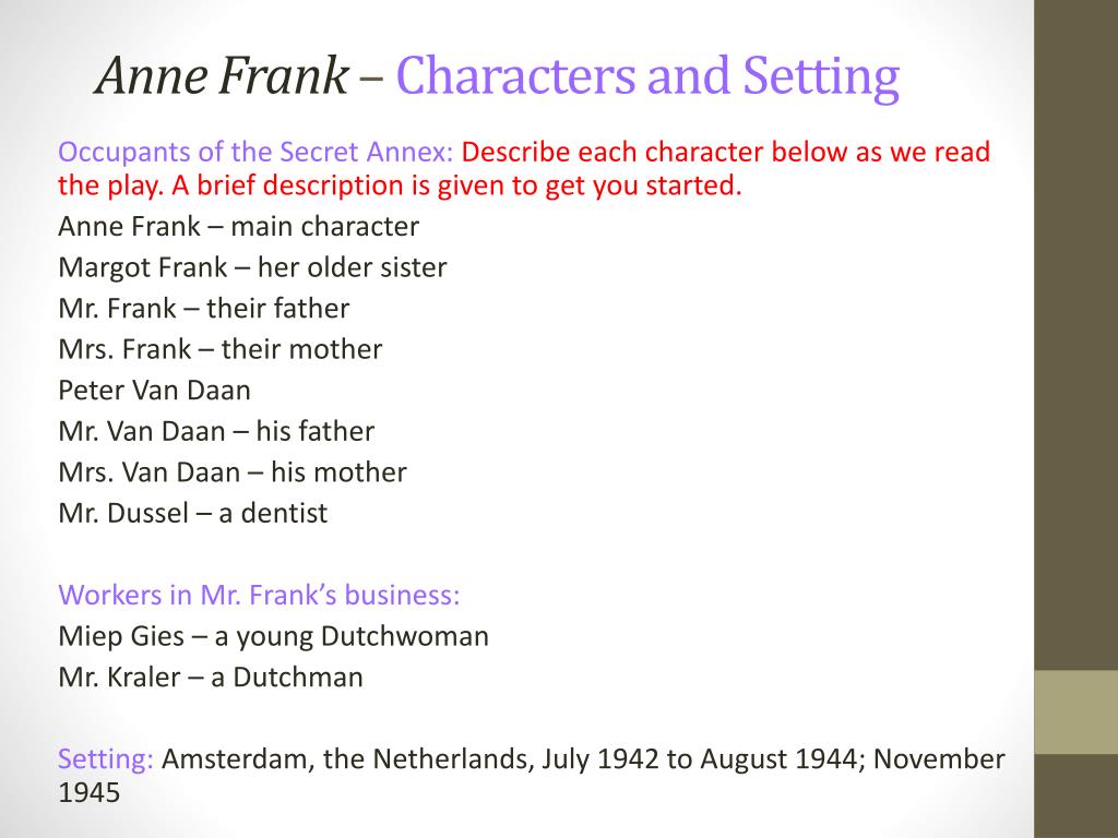 PPT - Anne Frank – Characters and Setting PowerPoint Presentation, free ...