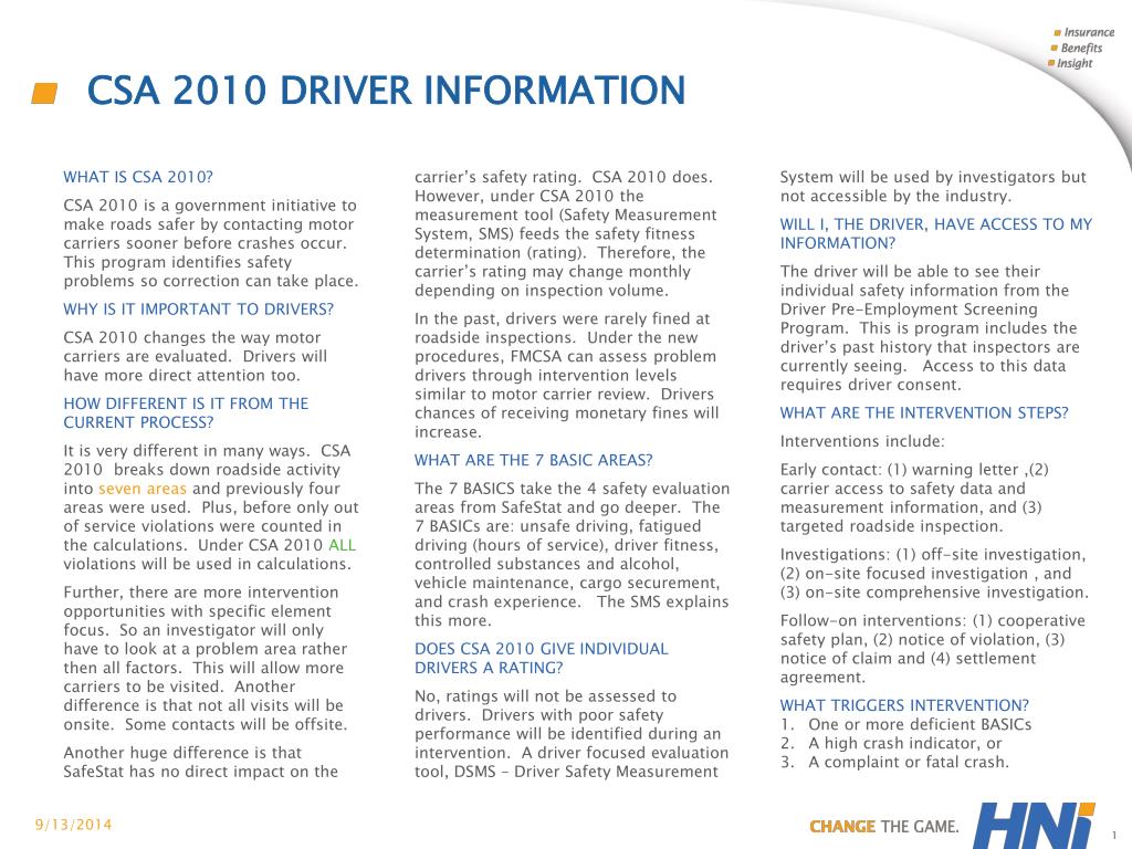 PPT - CSA 2010 Driver information PowerPoint Presentation, free download - ID:4319769