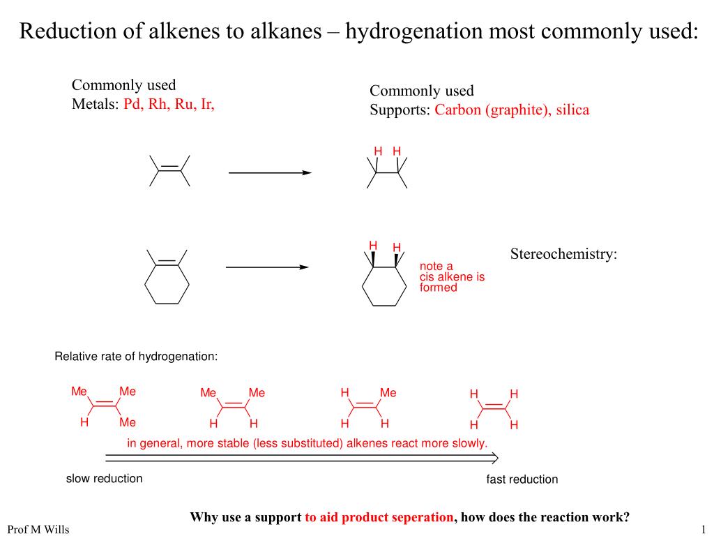 PPT - Reduction of alkenes to alkanes – hydrogenation most commonly ...