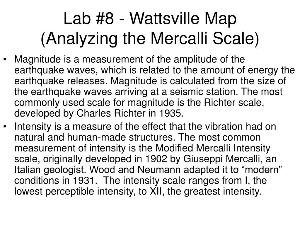 PPT - Lab #8 - Wattsville Map (Analyzing the Mercalli Scale) PowerPoint ...