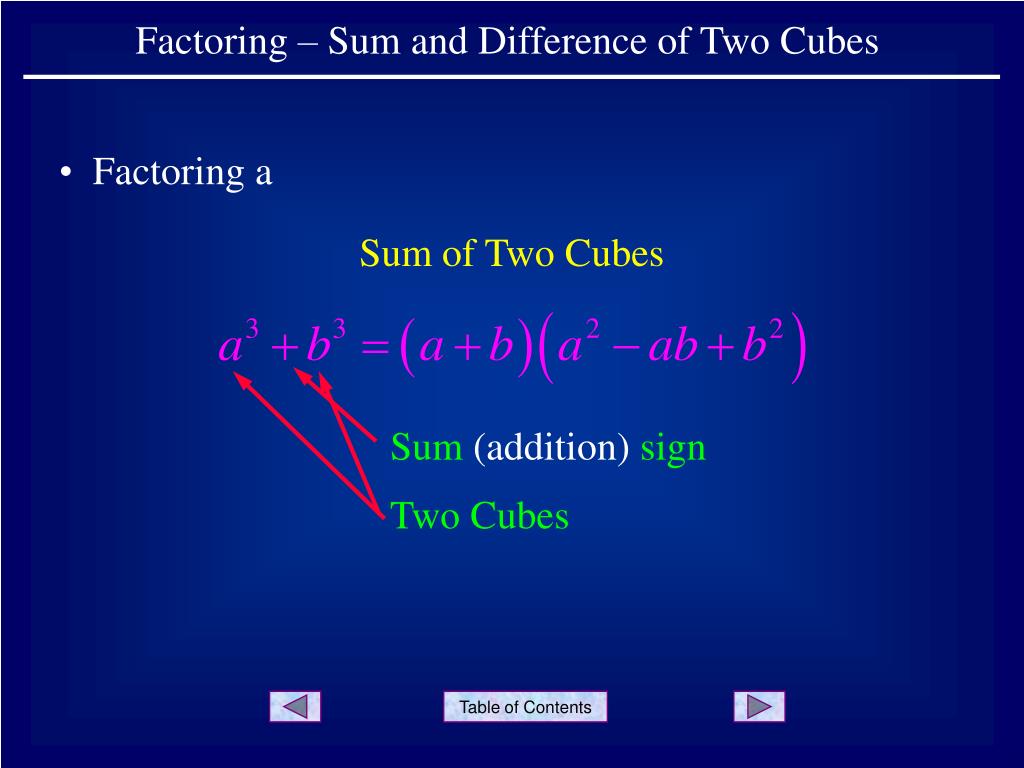 PPT - Factoring – Sum and Difference of Two Cubes PowerPoint ...