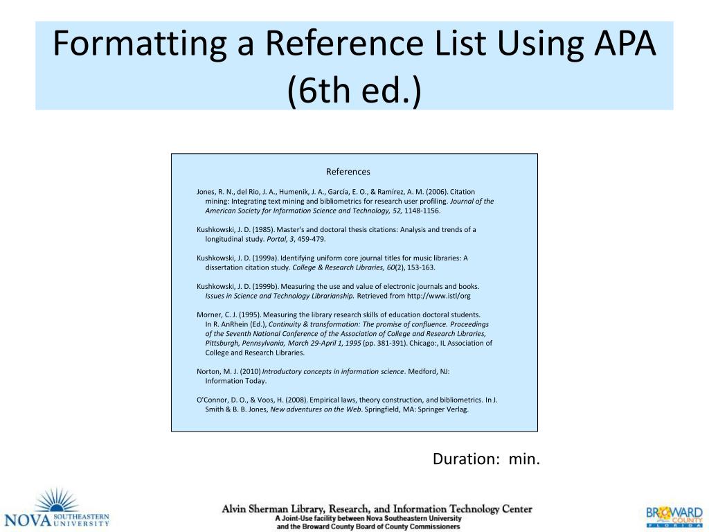 PPT - Formatting a Reference List Using APA (6th ed.) PowerPoint ...